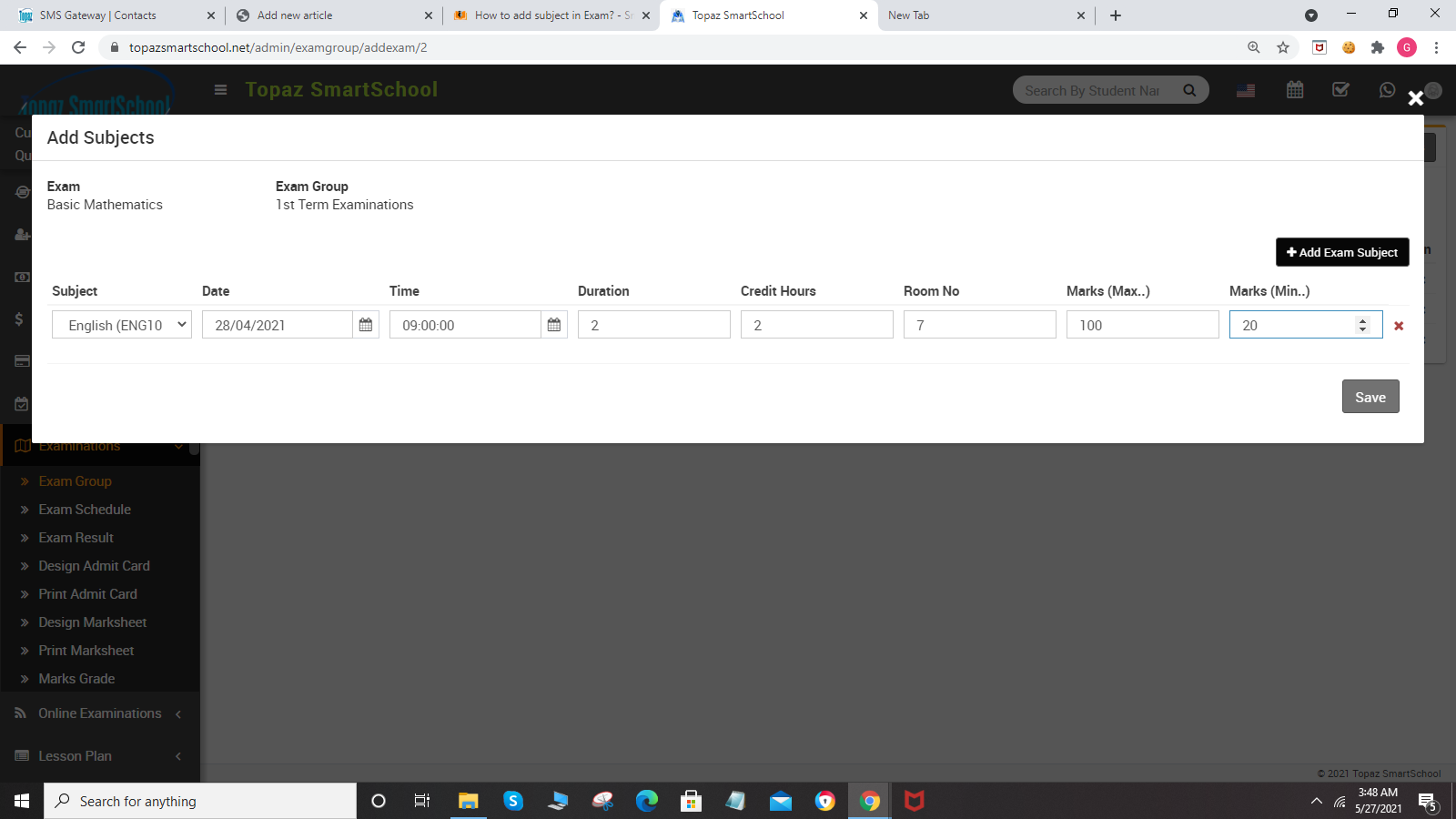 How to add subject in Exam